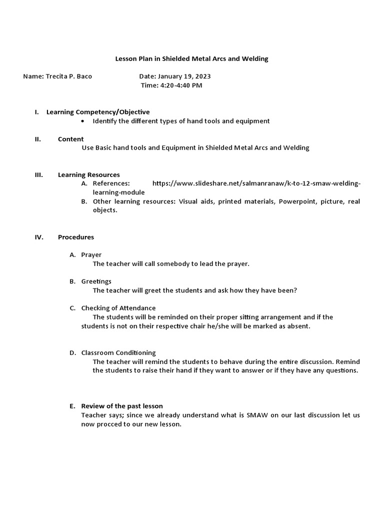 Lesson Plan in Shielded Metal Arcs and Welding | PDF | Screw ...