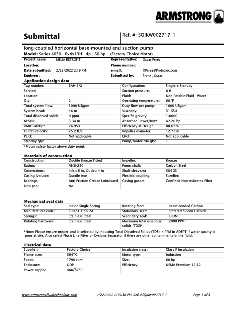 AAC. Submittal BOMBAS ARMSTRONG | PDF | Pump | Mechanical Engineering
