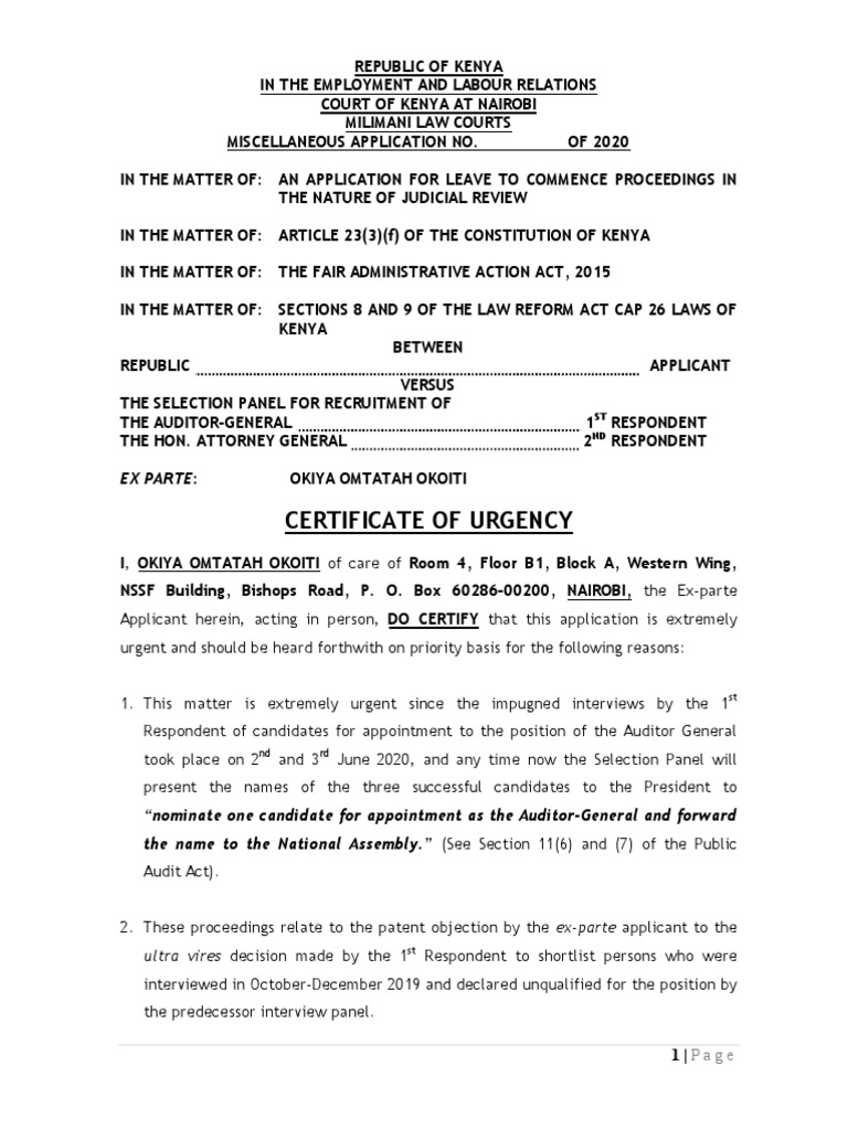 Certificate of Urgency: ST ND | PDF | Ex Parte | Constitution