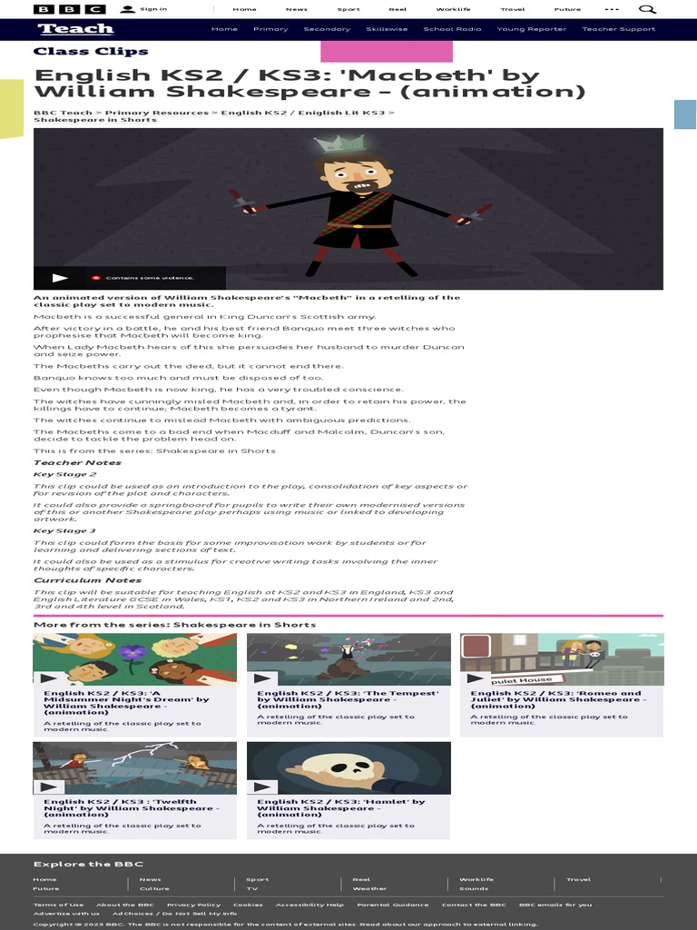 English KS2 KS3 'Macbeth' by William Shakespeare - (Animation) - BBC ...