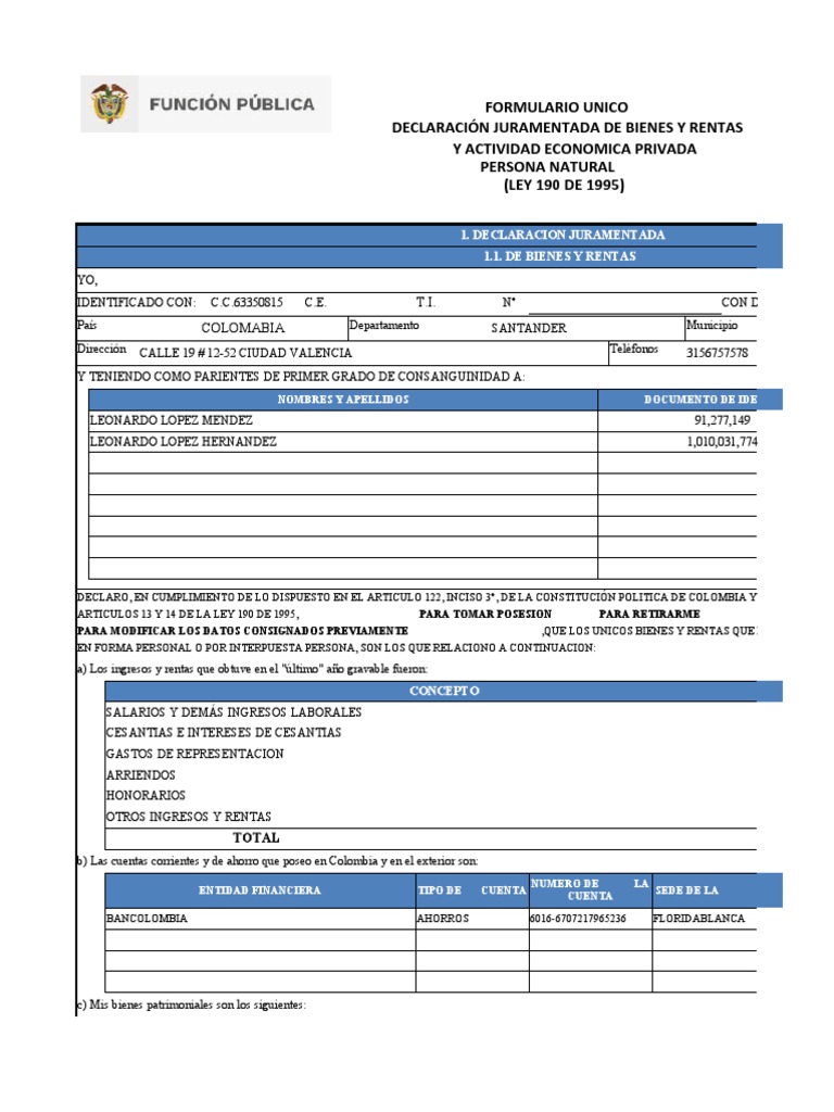 Formulario Unico Declaración Juramentada de Bienes Y Rentas Y Actividad ...