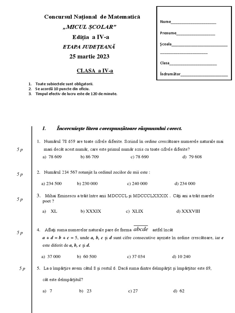 4 Subiect Micul-Scolar Etapa-Judeteana 2023 | PDF