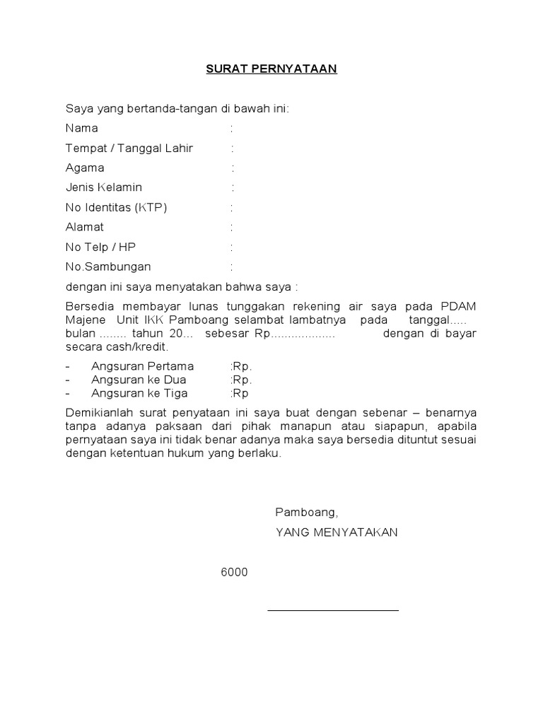 Contoh SURAT PERNYATAAN Tunggakan | PDF