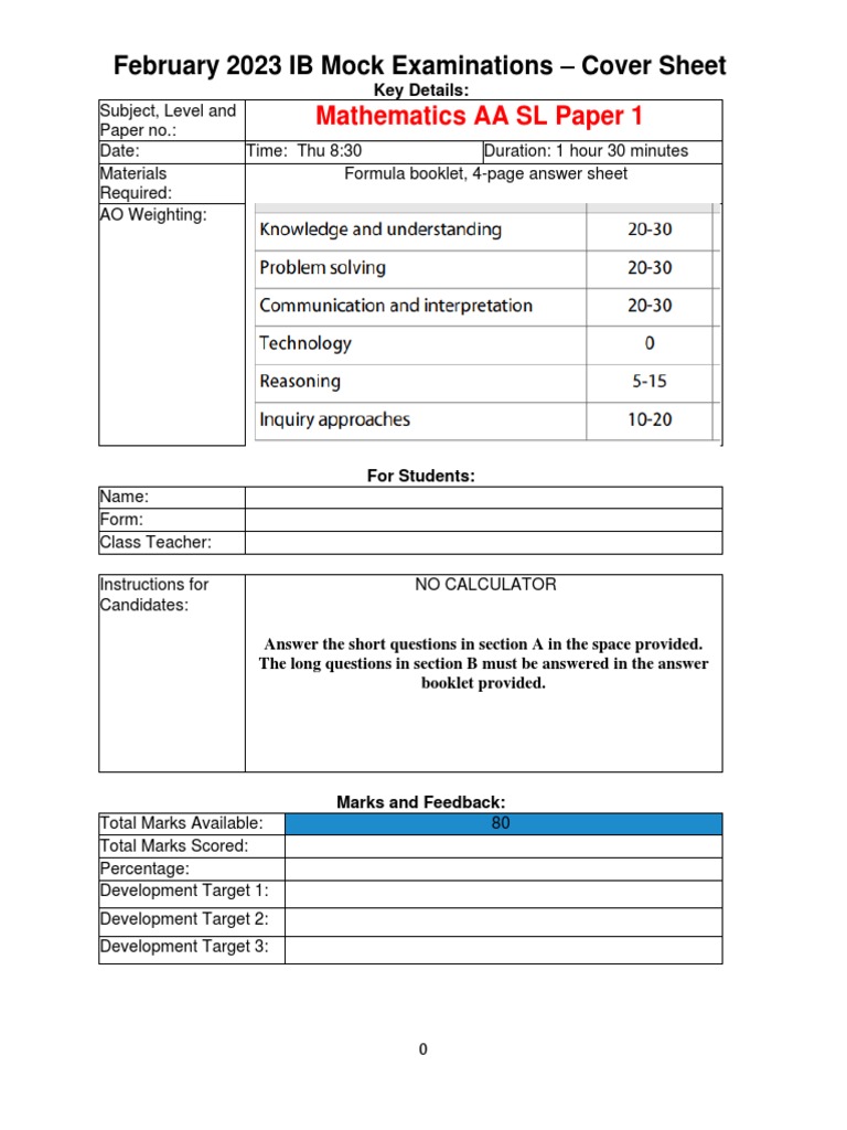 Mathematics MAA SL Mock P1 2023 | PDF | Length | Maxima And Minima
