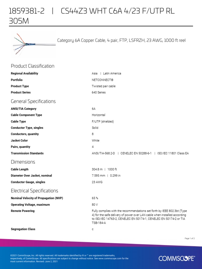 Ficha Tecnica - Cable Utp Cat - 6a Commscope | PDF | Electric Power | Electrical Engineering