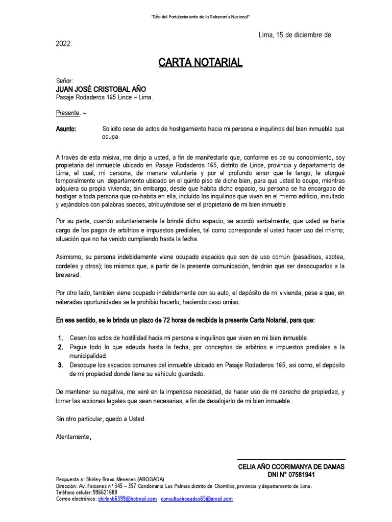 Carta Notarial Cese de Hostigamiento 15.12.2022 | PDF