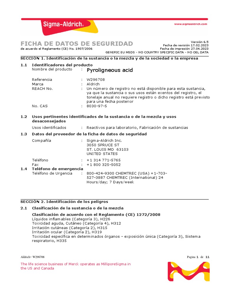 Ficha de Seguridad Acid Piroleñoso | PDF | Toxicidad | Agua