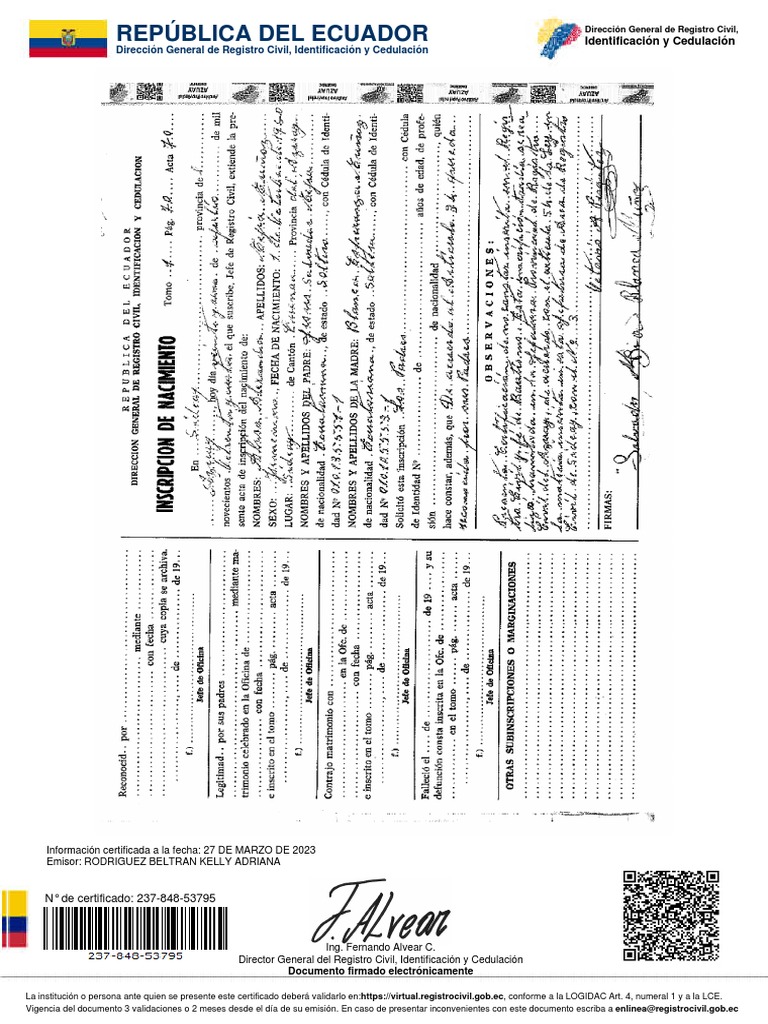 República Del Ecuador: Dirección General de Registro Civil ...