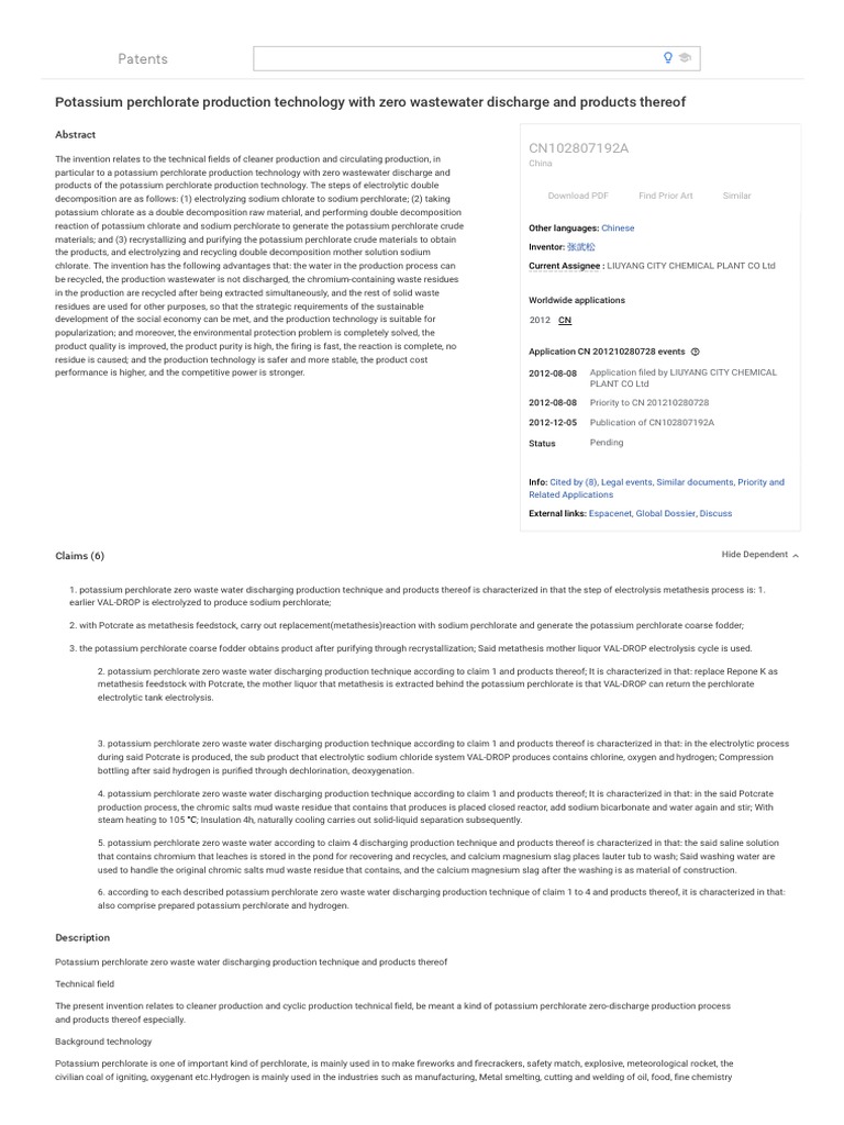CN102807192A - Potassium Perchlorate Production Technology With Zero ...