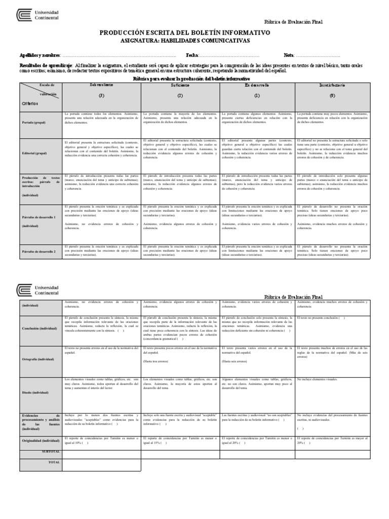 Rúbrica Del Evaluación Final - Habilidades Comunicativas | PDF | Rúbrica (Académica ...