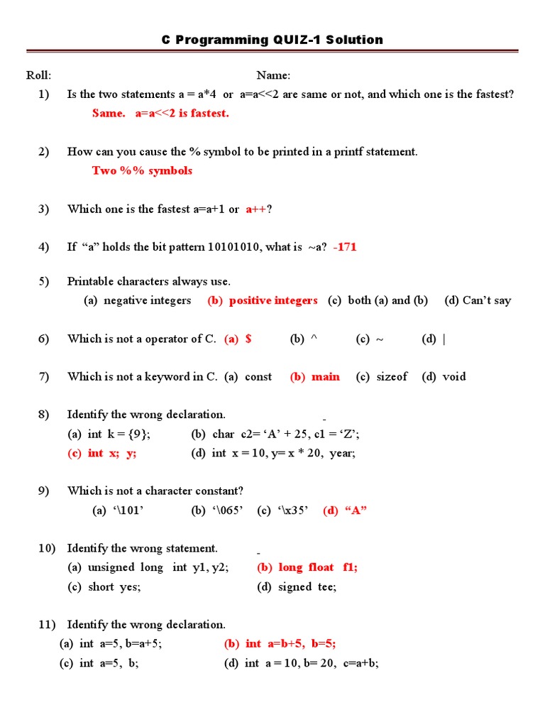 QUIZ 1 Solution | PDF | Computer Engineering | Computer Science