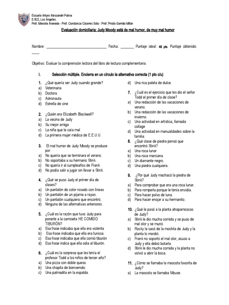Prueba Judy Moody Esta de Mal Humor, de Muy Mal Humor | PDF