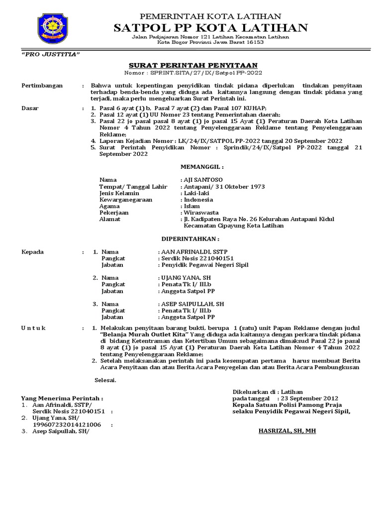 Surat Perintah Penyitaan | PDF