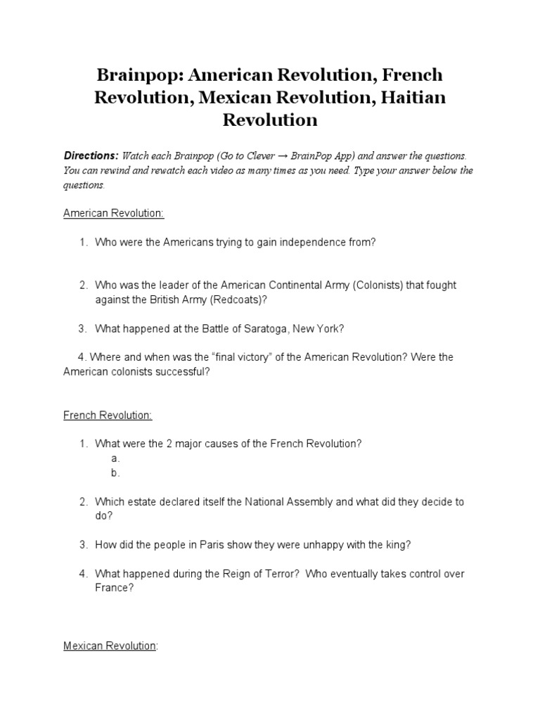 Revolutions Brainpop Questions | PDF