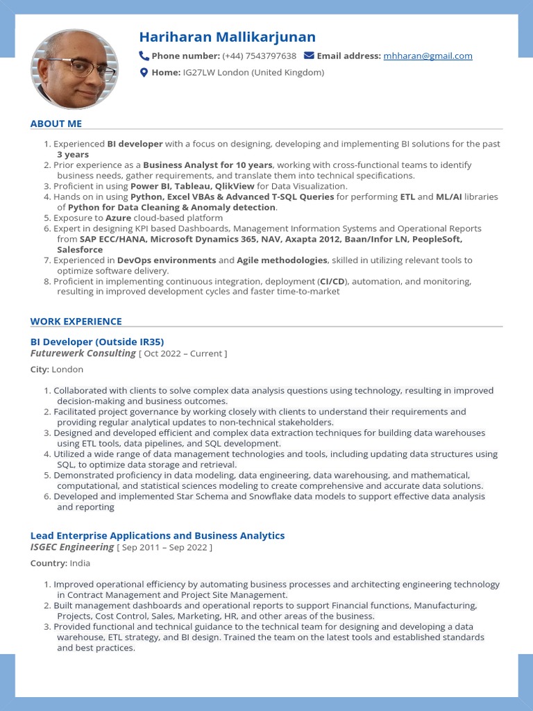 CV - Hariharan Mallikarjunan | PDF | Business Intelligence | Data Warehouse