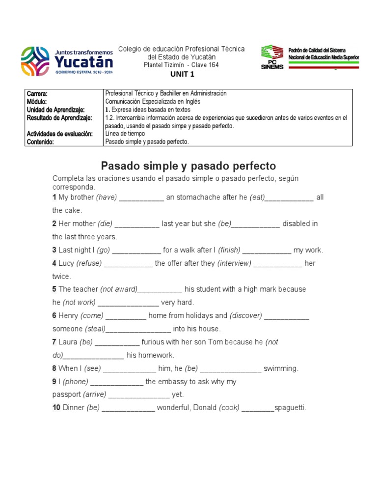 Ejercicios Pasado Simple y Pasado Perfecto - Conalep - 603 | PDF