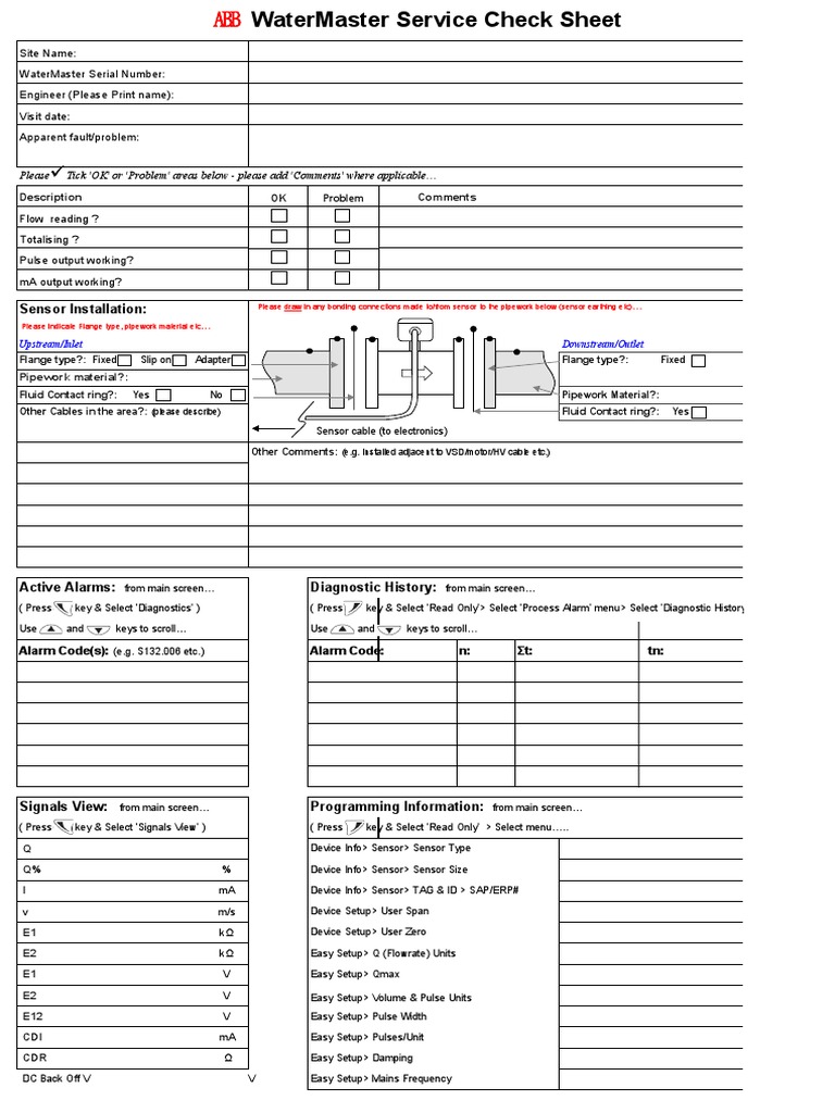 Sensor Installation:: Please Tick 'OK' or 'Problem' Areas Below ...