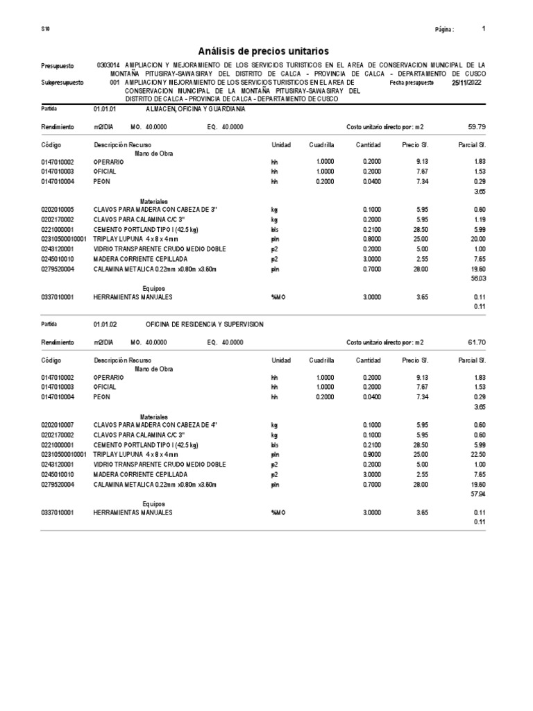 Análisis de Precios Unitarios: Página | PDF | Presupuesto