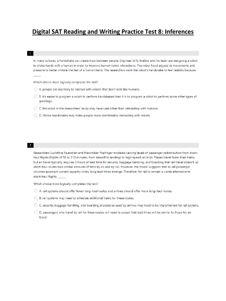 Digital SAT Reading and Writing Practice Test 8 | PDF