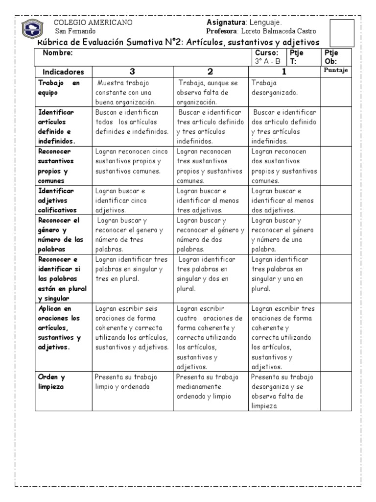 Rubrica de Evaluación N°2 Lenguaje 3° A y B | PDF