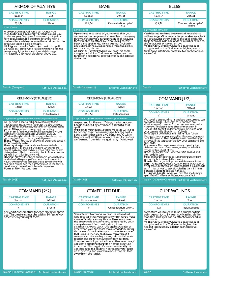 Paladin Spell Cards Overview 5E | PDF