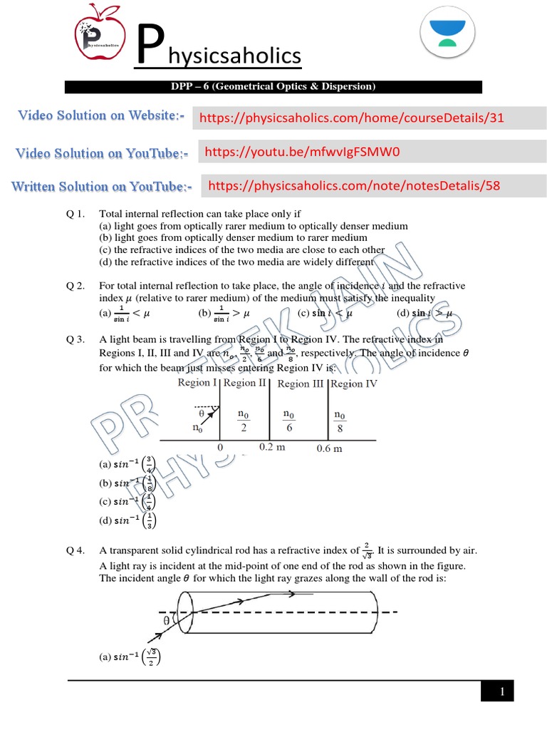 Geometrical Optics & Dispersion Quiz | PDF | Refractive Index | Optical ...