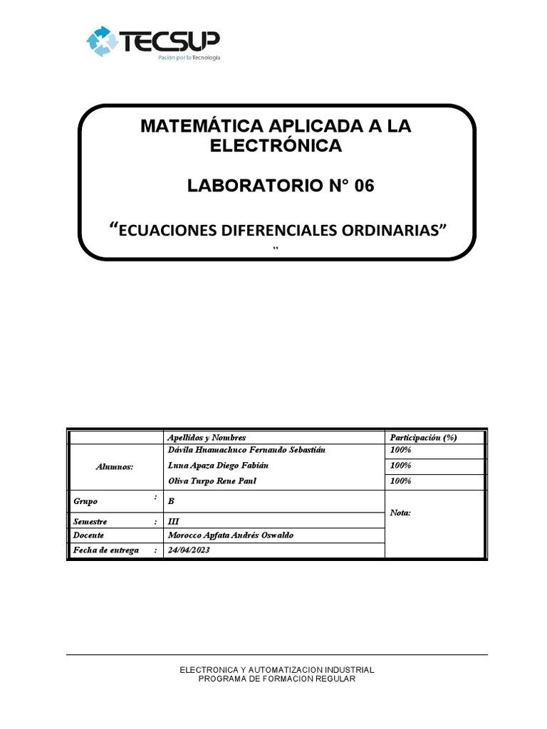 Lab 06 EDO 2023 - 1-Grupo N°4-C5-B | Descargar gratis PDF | Ecuaciones | Ecuaciones diferenciales