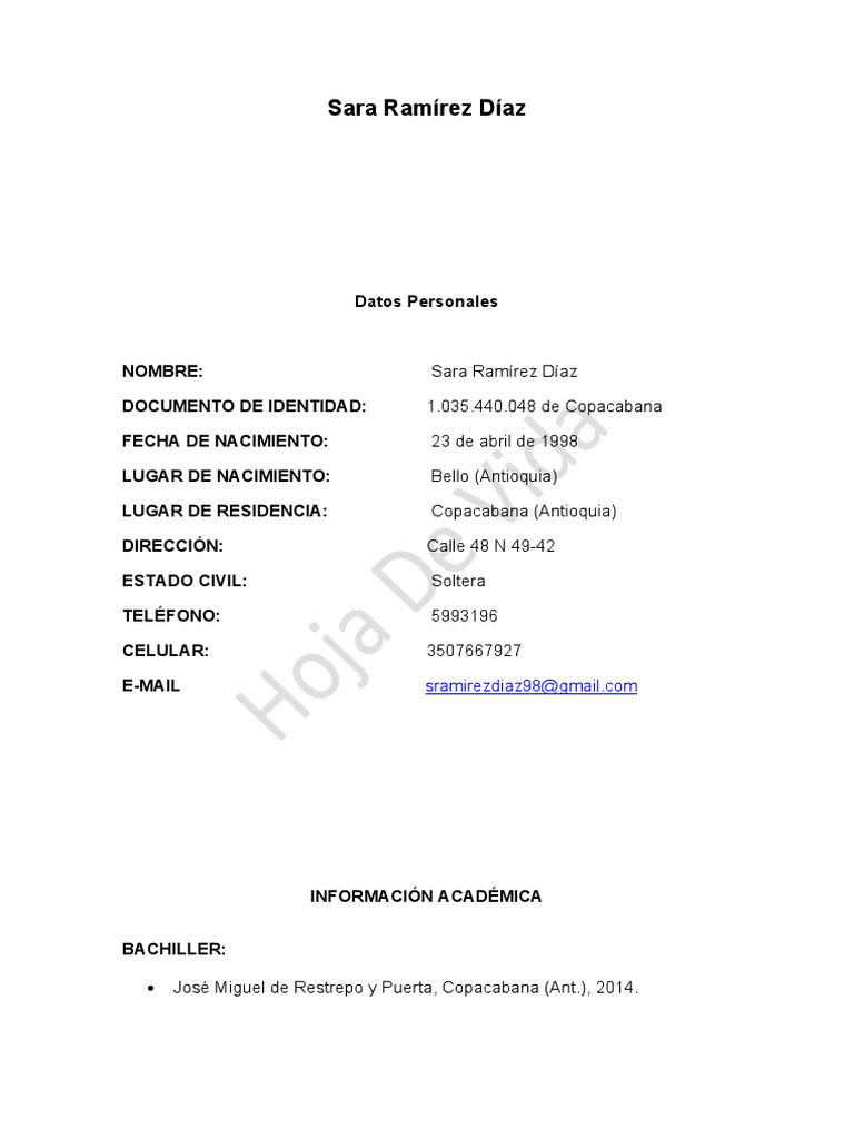 HOJA DE VIDA Sara Ramirez 1035440048 | PDF