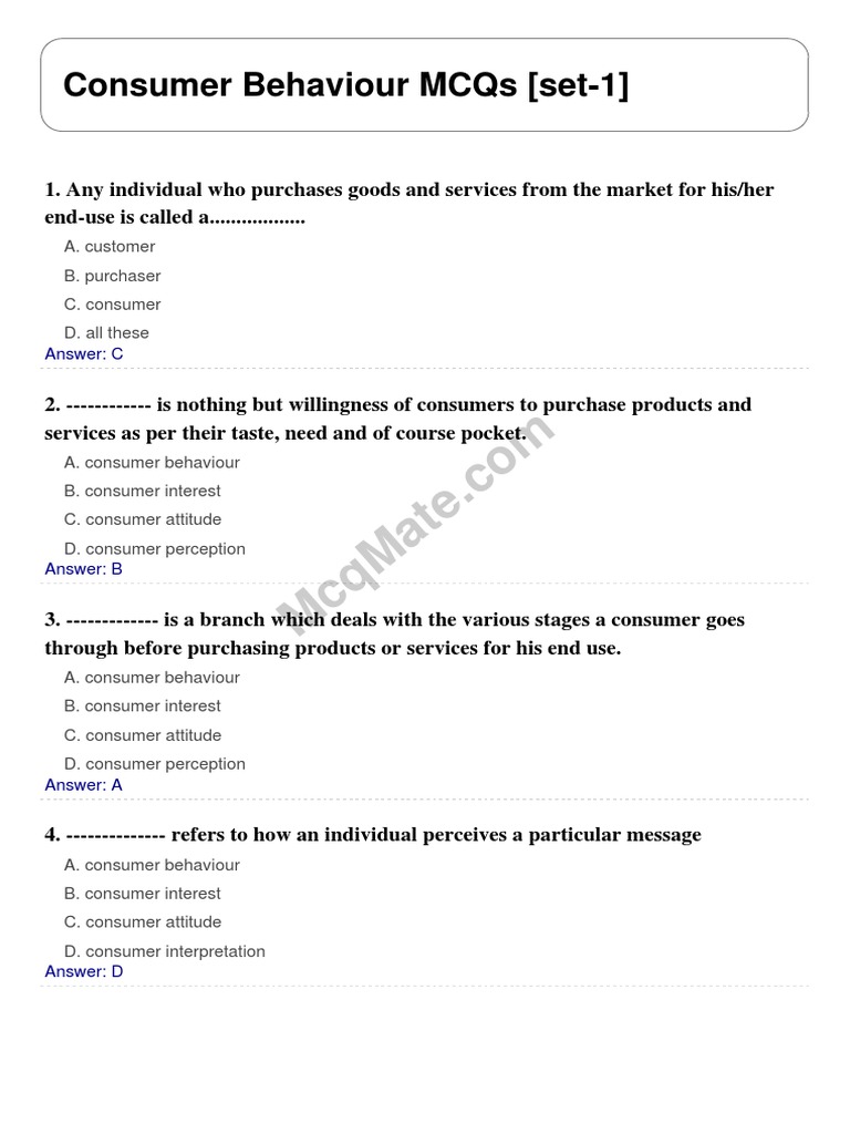 Consumer Behaviour Solved MCQs (Set-1) | PDF
