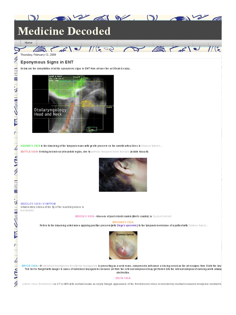 Medicine Decoded - Eponymous Signs in ENT | PDF | Dentistry | Orthodontics