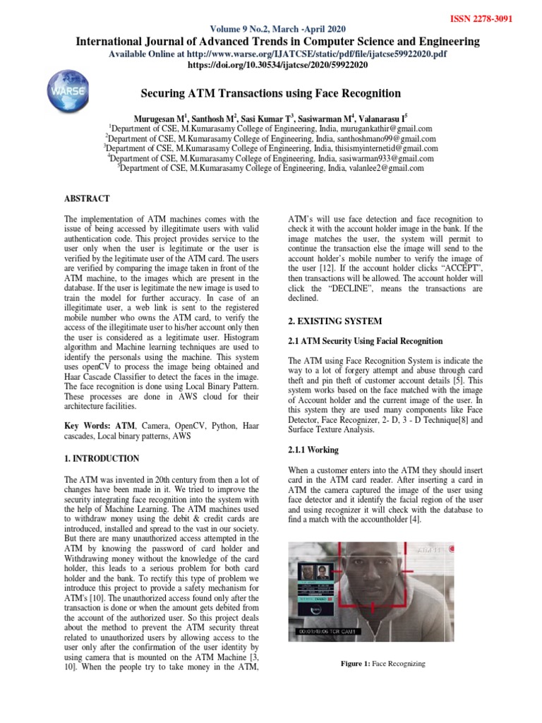 Securing Atm Transactions Using Face Rec Pdf Automated Teller Machine Personal