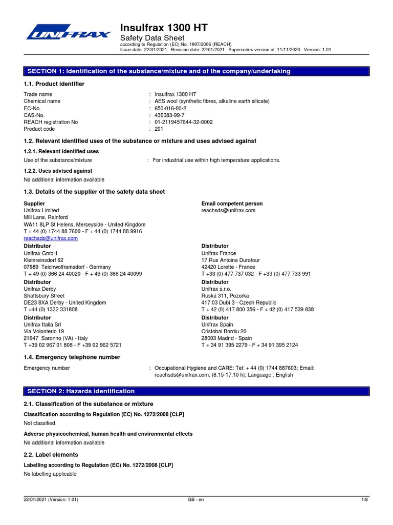 Insulfrax 1300 HT Safety Data Sheet | PDF | Dangerous Goods | Toxicity