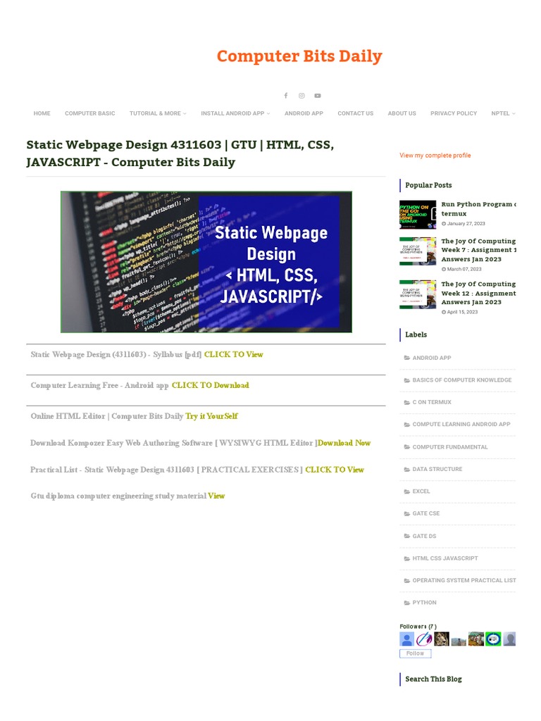 Static Webpage Design 4311603 Gtu Html Css Javascript Computer Bits Daily Pdf Mobile 