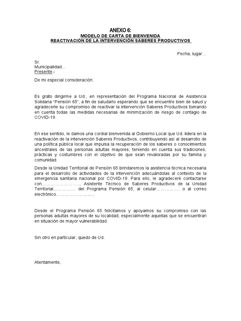 Anexo 6 Modelo Carta de Bienvenida | PDF
