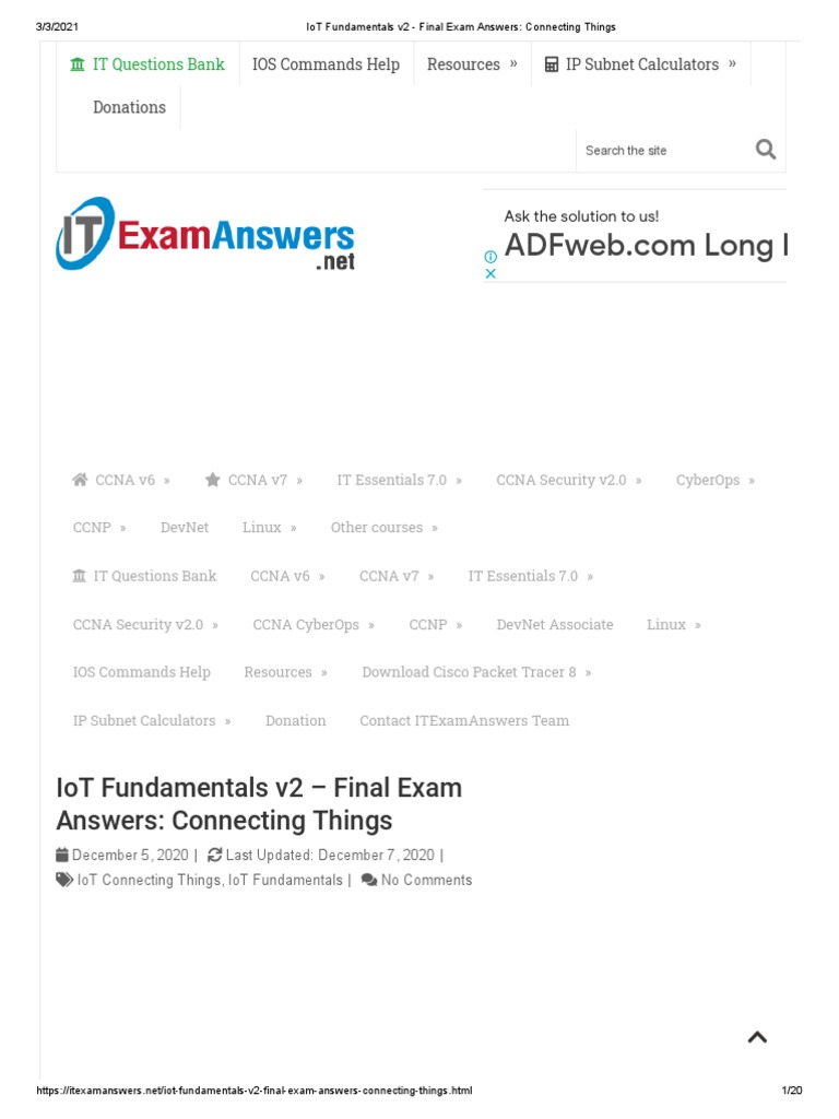 Iot Fundamentals V2 - Final Exam Answers: Connecting Things | PDF | Computer Network | Internet ...