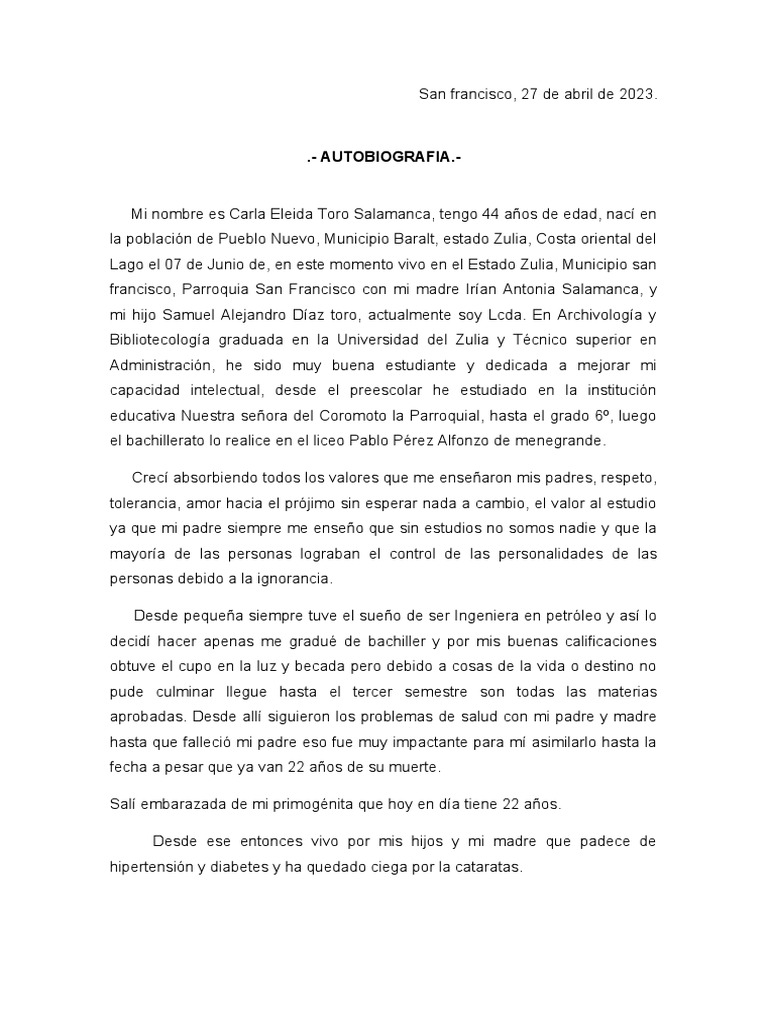 Autobiografía de Carla Eleida Toro | PDF