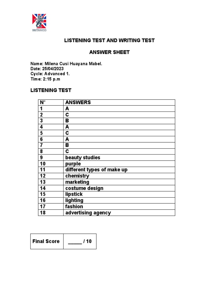 Listening Test and Writing Test - Answer Sheet | PDF