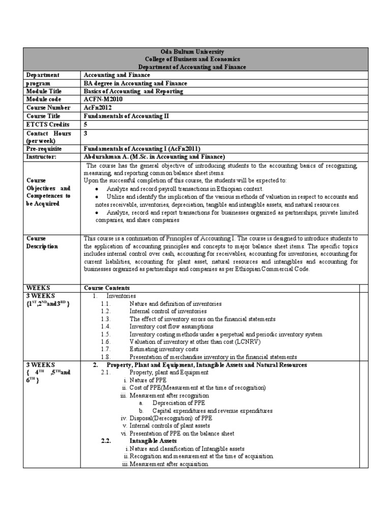 Fundamental of Accounting II Course Outline | PDF