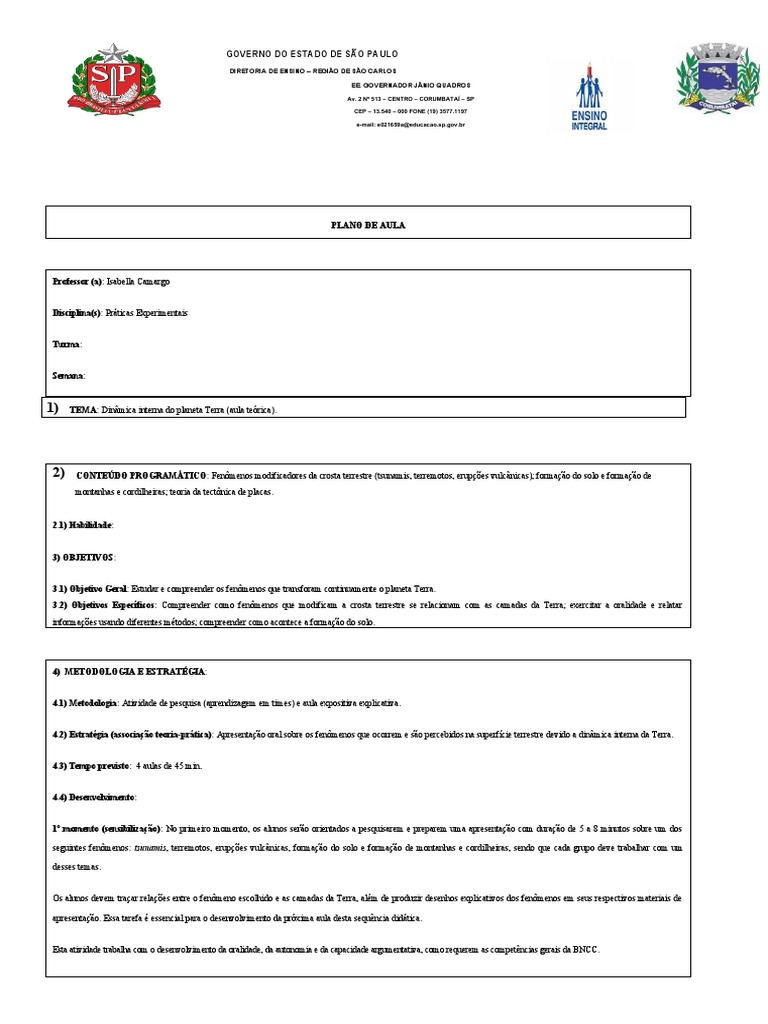 Plano de Aula 1 | Download grátis PDF | Terra | Placas tectônicas