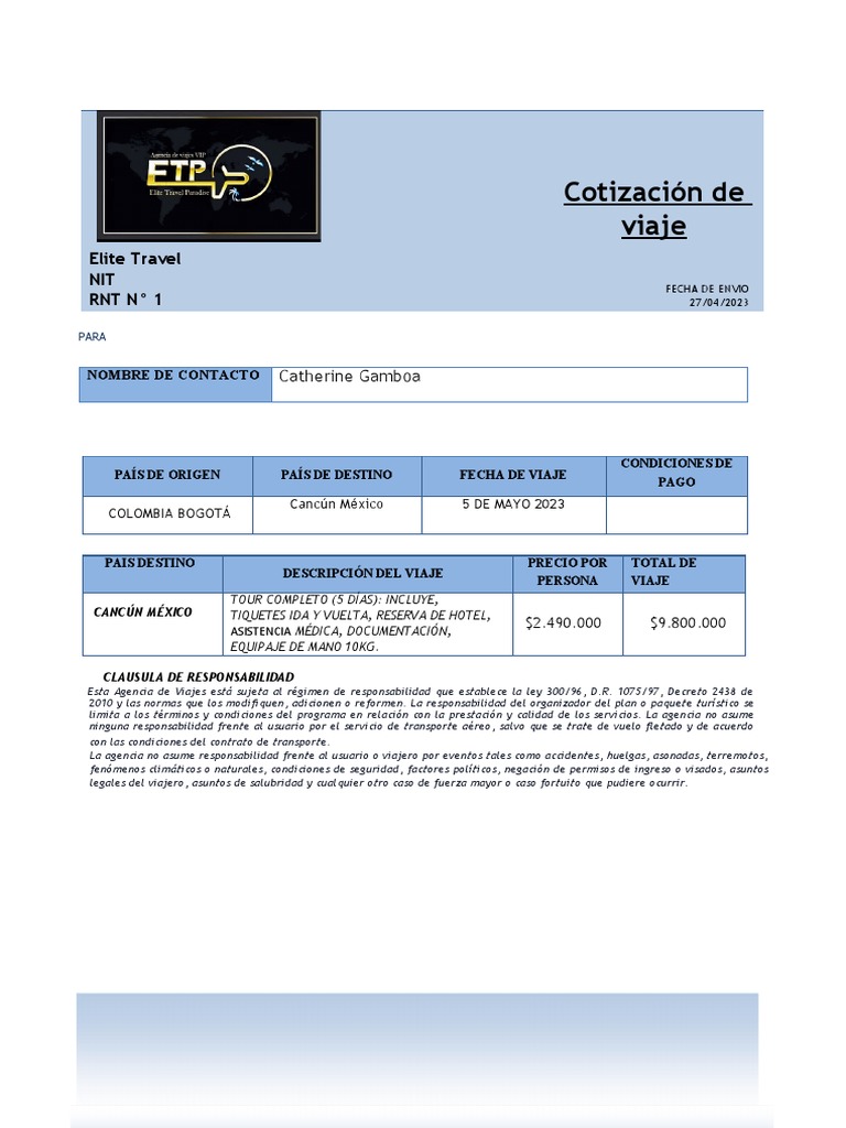 Cotizacion agencia de turismo | PDF