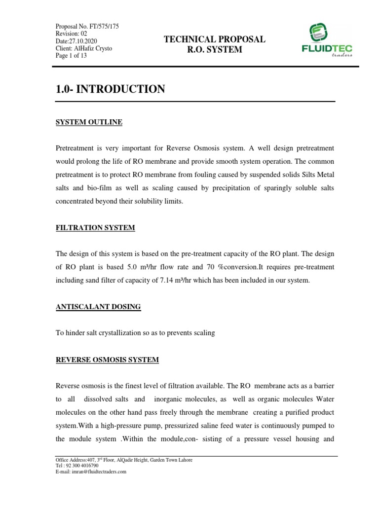 1.0-Introduction: Technical Proposal R.O. System | PDF | Membrane | Applied And ...