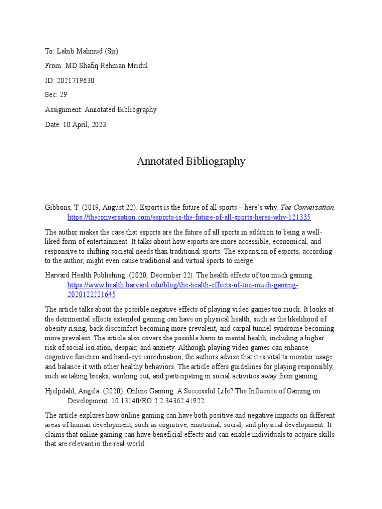 Annotated Bibliography | Download Free PDF | Mental Health | Video Games