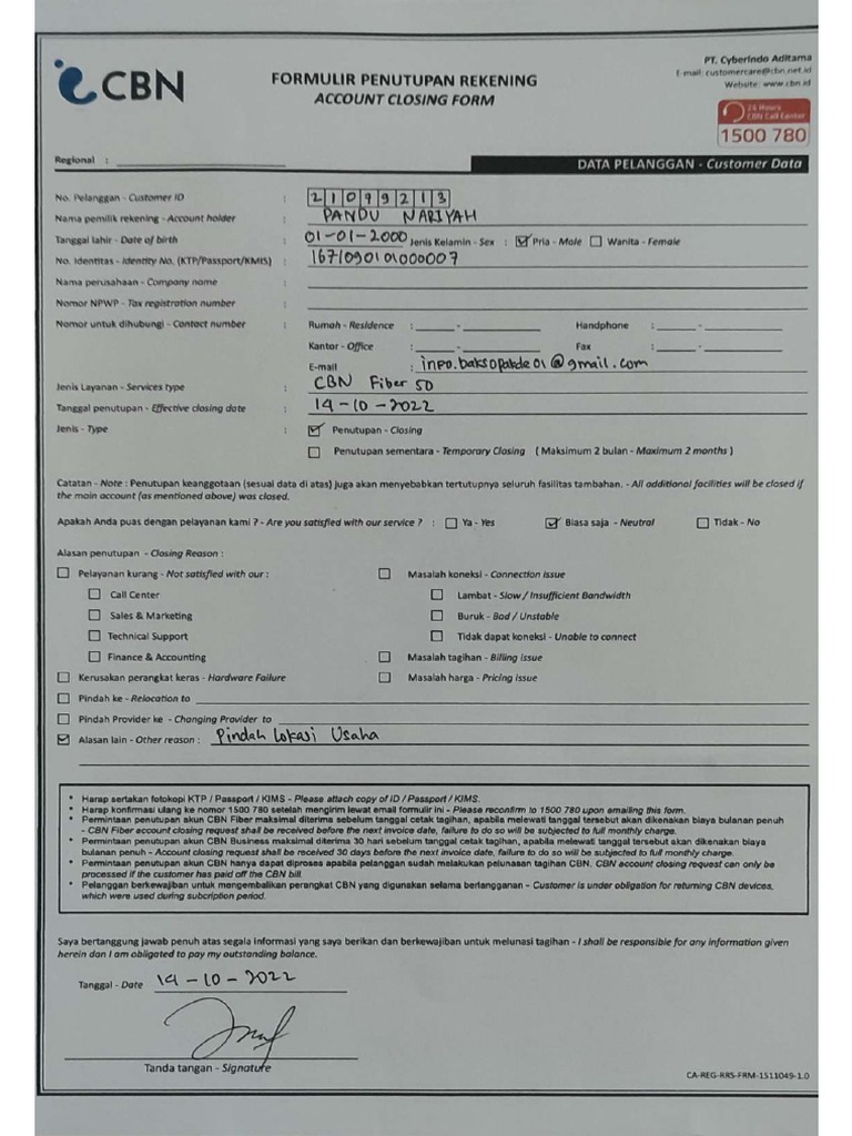 Form Penutupan CBN | PDF