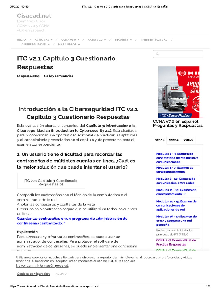 ITC v2.1 Capitulo 3 Cuestionario Respuestas - CCNA en Español | PDF | Contraseña | Cookie HTTP