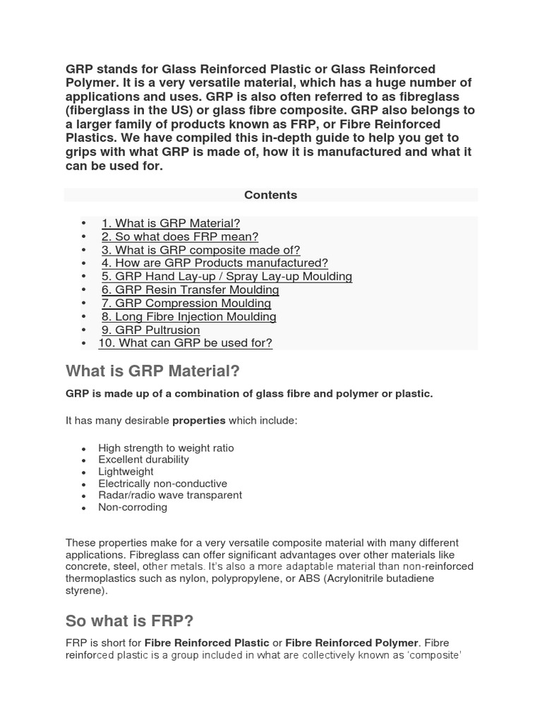 GRP Stands For Glass Reinforced Plastic or Glass Reinforced Polymer ...