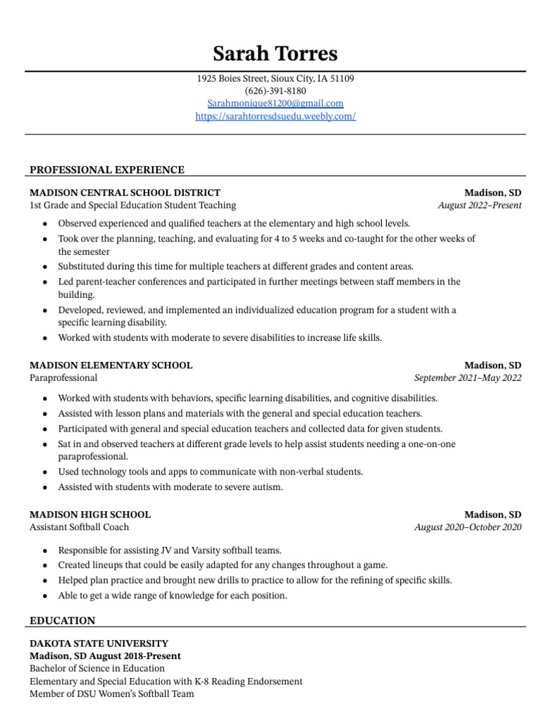 Sarah Torres Resume 2023 | PDF | Special Education | Teachers
