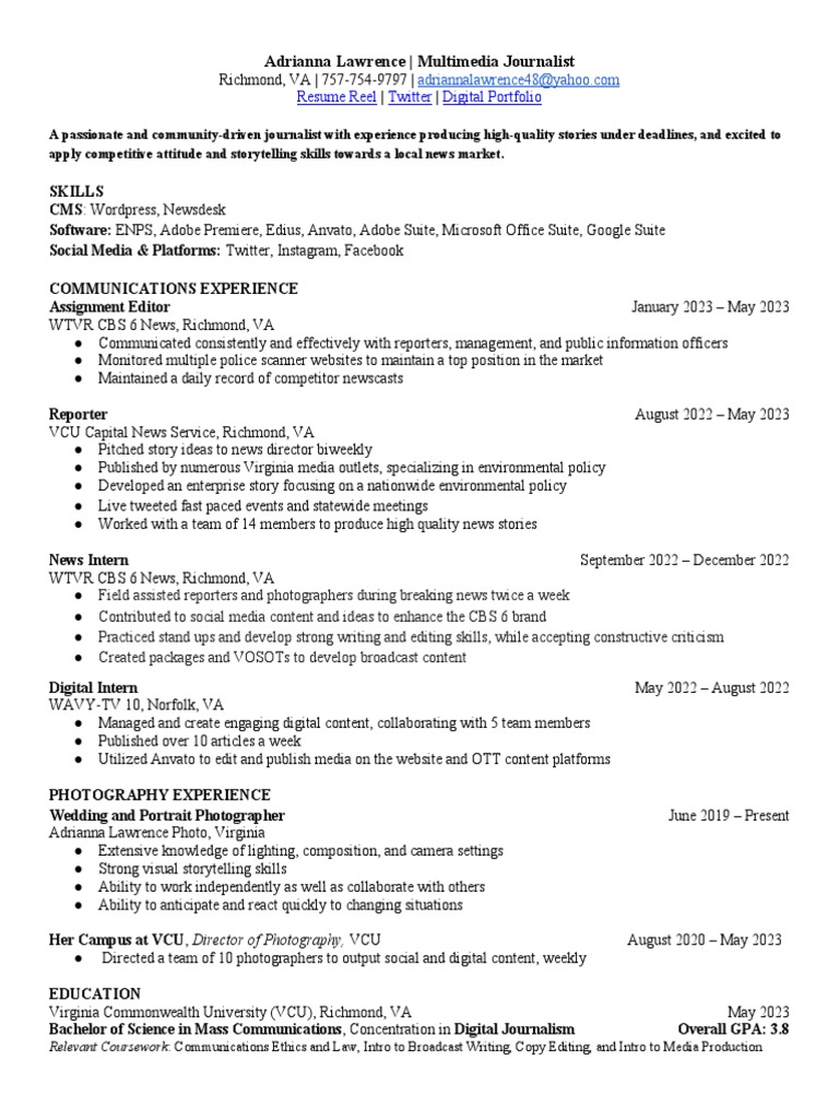 Adrianna Lawrence Resume 2023 | PDF | News | Social Media