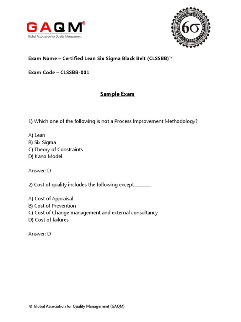 Sample Exam: Exam Name - Certified Lean Six Sigma Black Belt (CLSSBB ...
