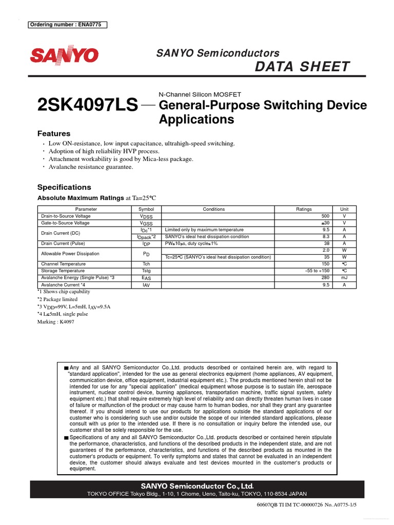 K4097 SanyoSemiconDevice | PDF | Field Effect Transistor | Manufactured Goods