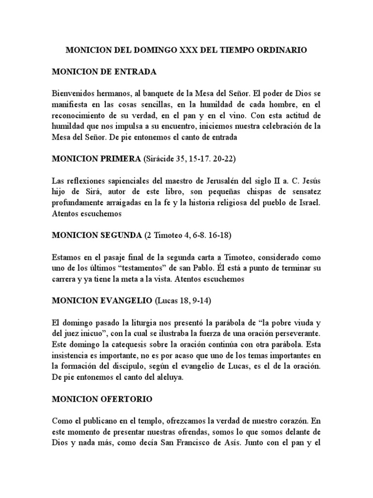 Monicion Del Domingo XXX Del Tiempo Ordinario | PDF | eucaristía | Misa (liturgia)